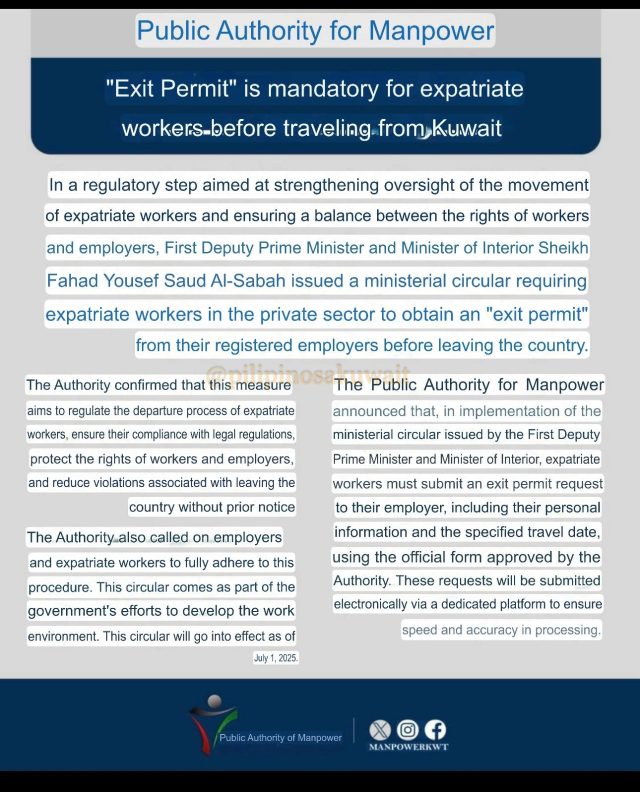 Expatriate Workers Must Secure An Exit Permit Before Leaving Kuwait ...