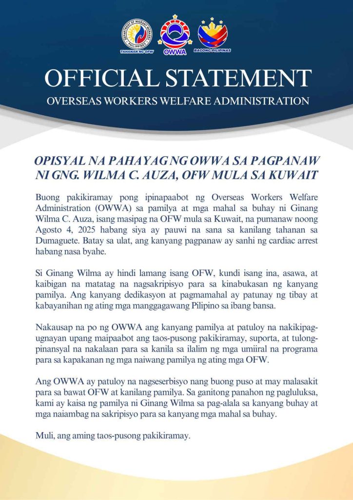 OPISYAL NA PAHAYAG NG OWWA SA PAGPANAW NI GNG. WILMA C. AUZA, OFW MULA SA KUWAIT - Pilipino sa ...